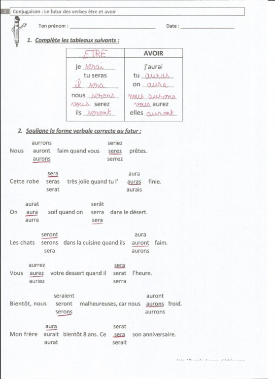 Futur des verbes être et avoir (fiche 2) correction – Ecole Montfort